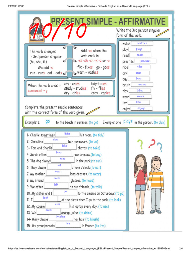 Present simple affirmative - Ficha de English as a Second Language (ESL ...