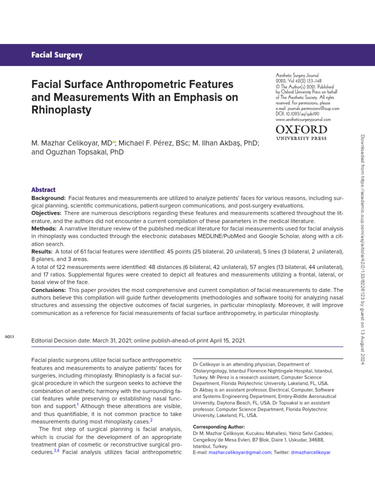 Facial Surface Anthropometric Features and Measurements | PDF | Human ...