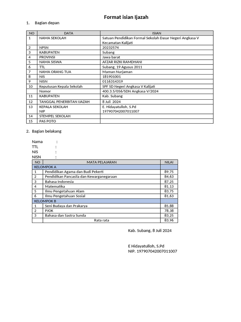 Contoh Format Isian Ijazah | PDF