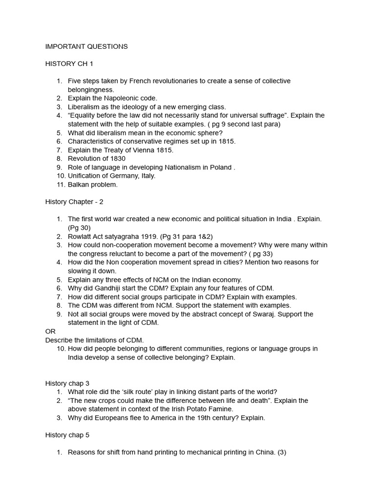 10th HISTORY - IMPORTANT QUESTIONS | PDF | Political Science | Ideologies
