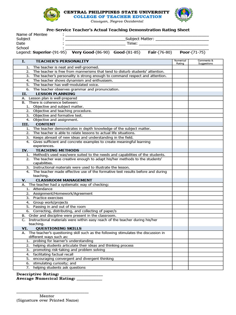 Teacher Demonstration Rating Sheet | PDF | Teachers | Mentorship
