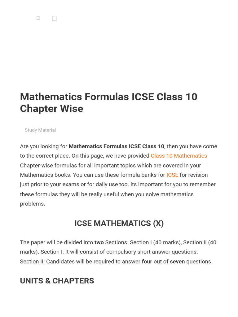 Mathematics Formulas ICSE Class 10 Chapter Wise | PDF | Numbers | Quadratic Equation