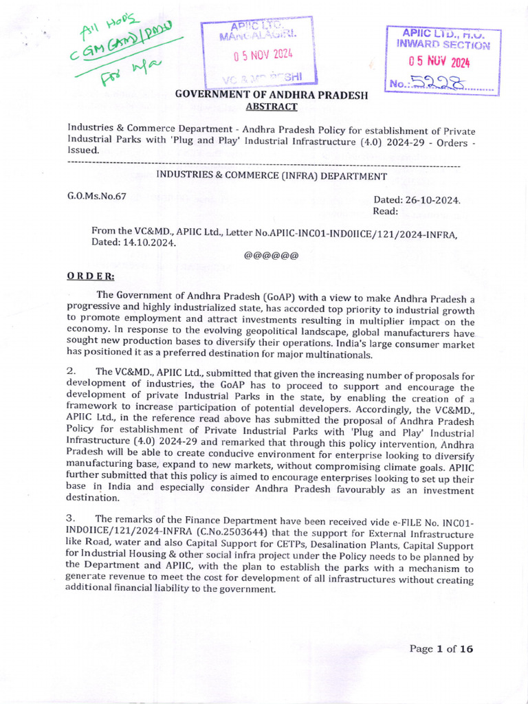Andhra Pradesh Policy For Establishment of Private Industrial Parks ...
