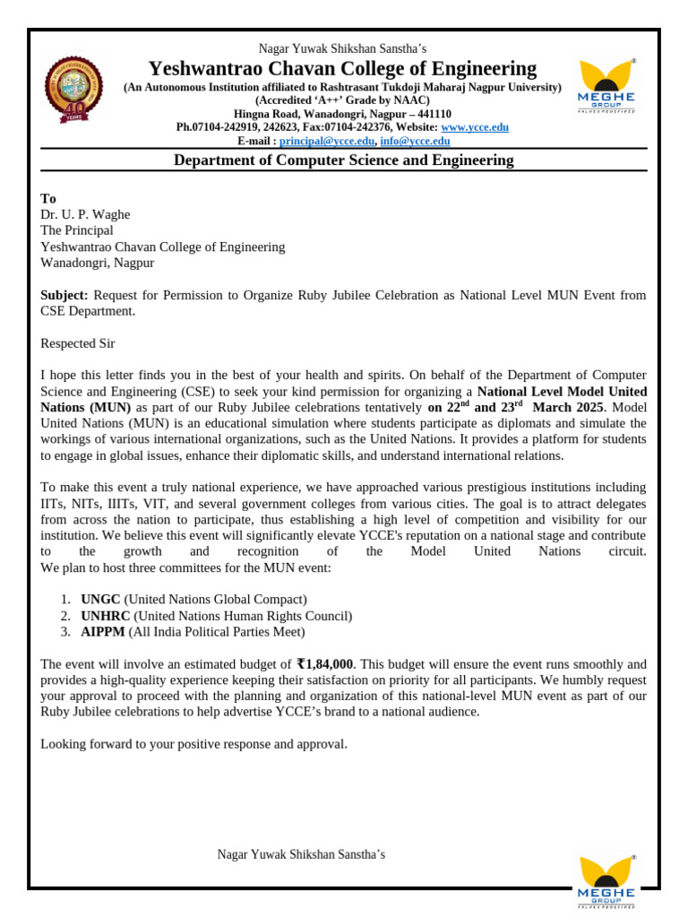 YCCE National Model UN Event Proposal | PDF