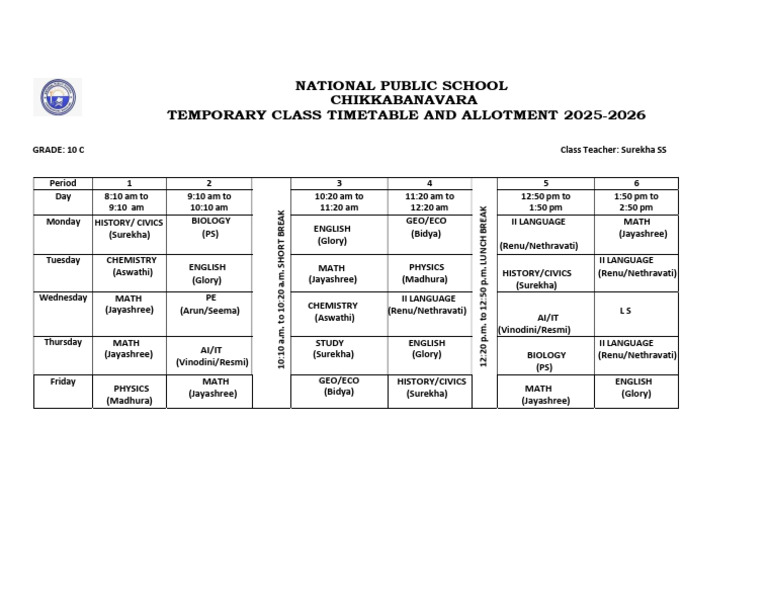 10C Class Timetable 2025-2026 | PDF