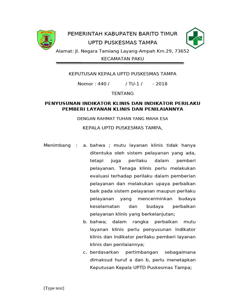 Indikator Layanan Klinis Puskesmas Tampa | PDF