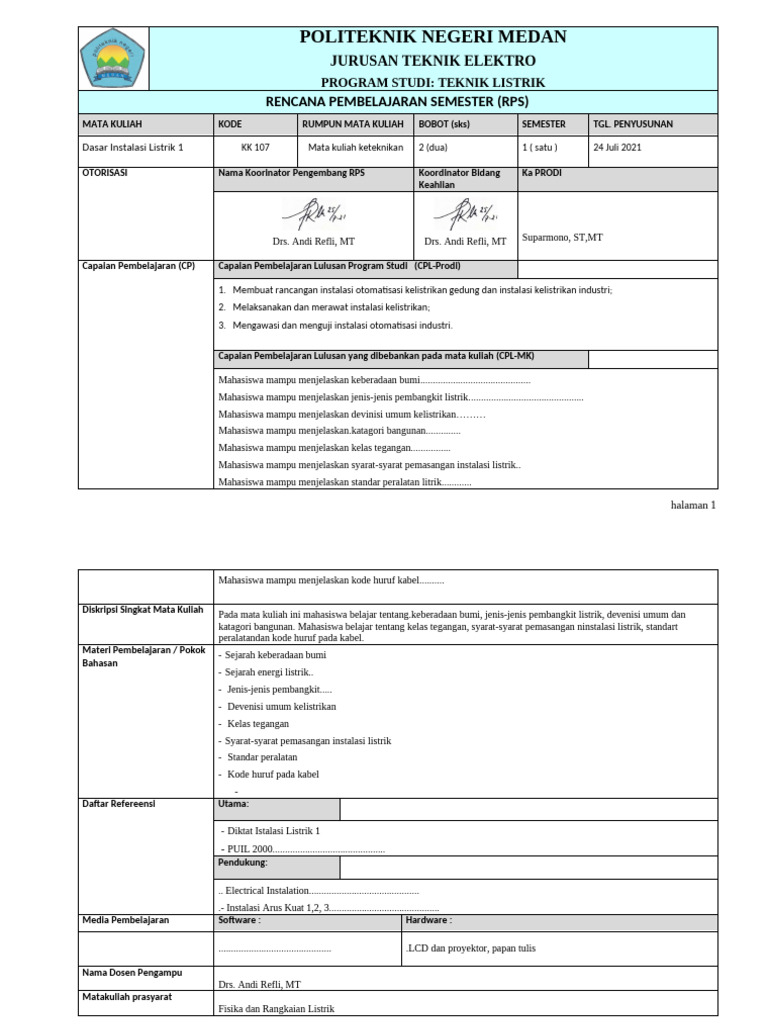 Rps Dasar Dasar Instalasi Listrik | PDF