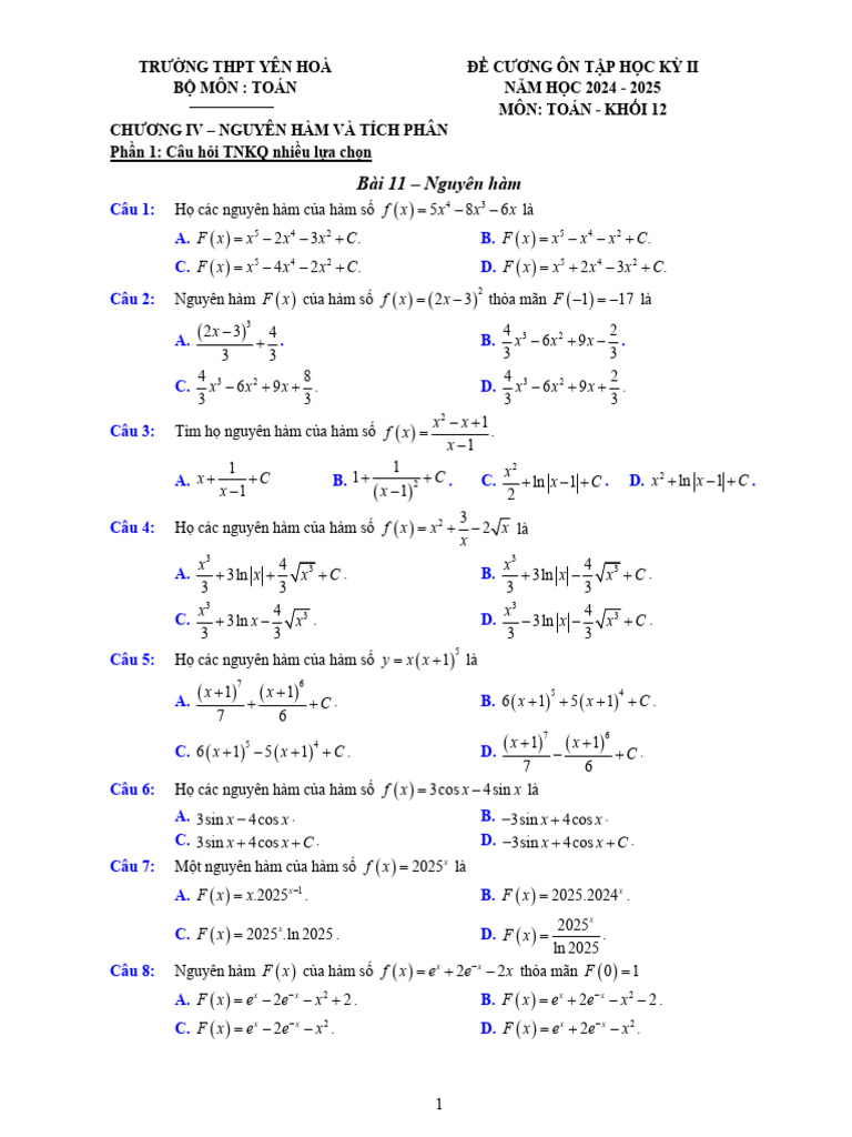 De Cuong Hoc Ky 2 Toan 12 Nam 2024 2025 Truong THPT Yen Hoa Ha Noi | PDF