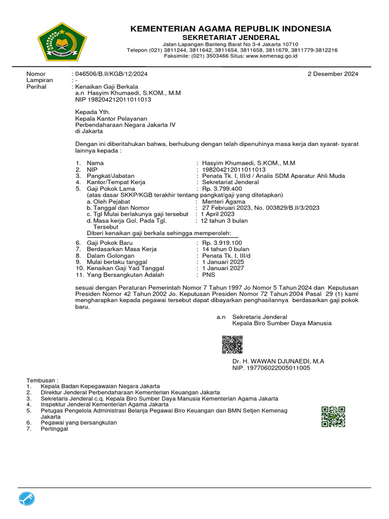 Contoh SK Kenaikan Gaji Berkala Kemenag | PDF