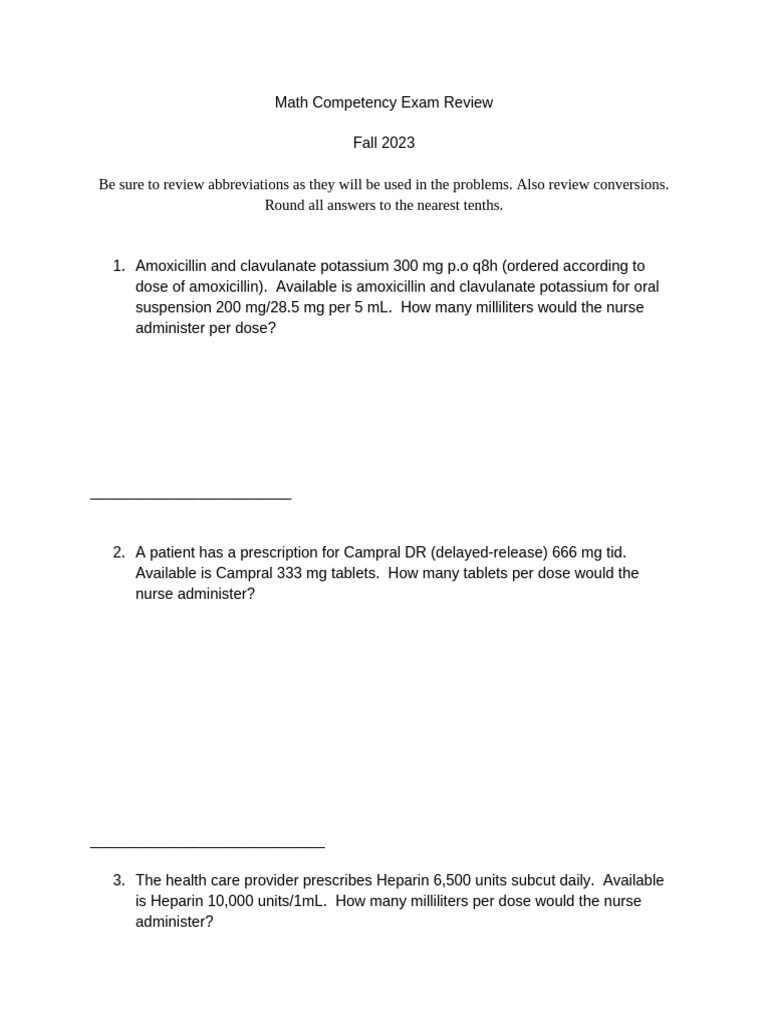 Math Competency Exam Review Fall | PDF | Dose (Biochemistry) | Chemistry