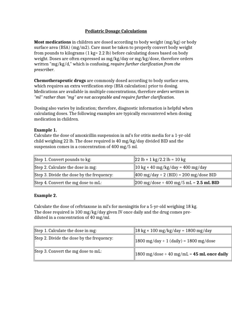 Pediatric Dosage Calculations Worksheet1 | PDF | Dose (Biochemistry ...