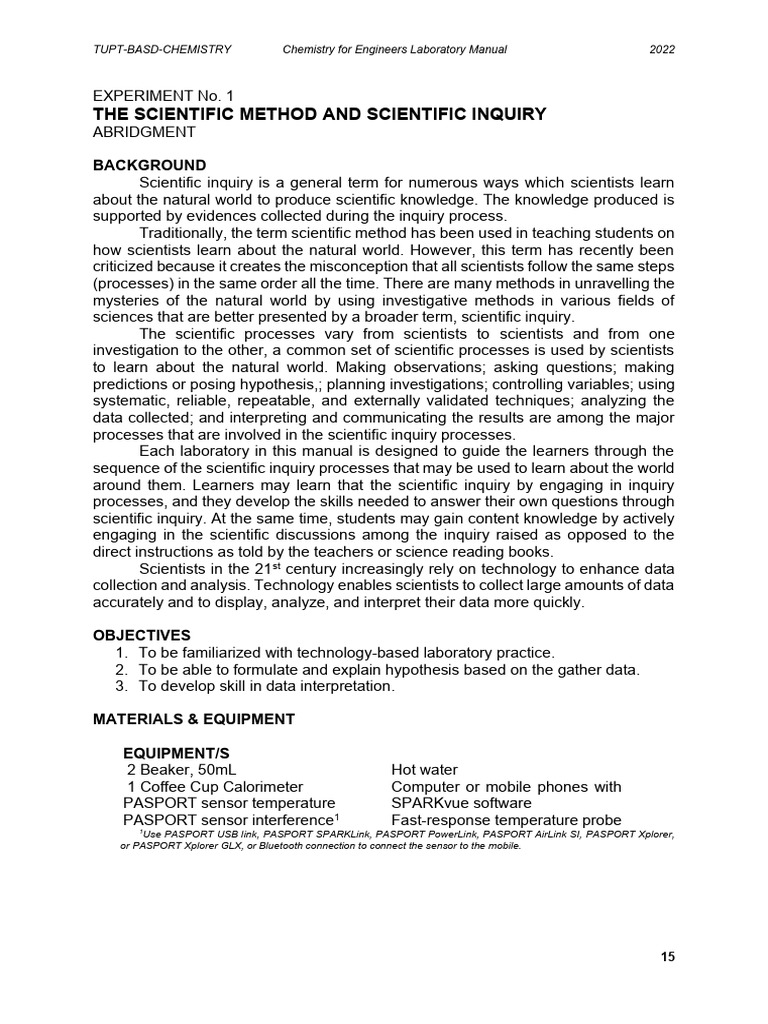 Experiment 1 Scientific Method and Inquiry | PDF | Scientific Method ...