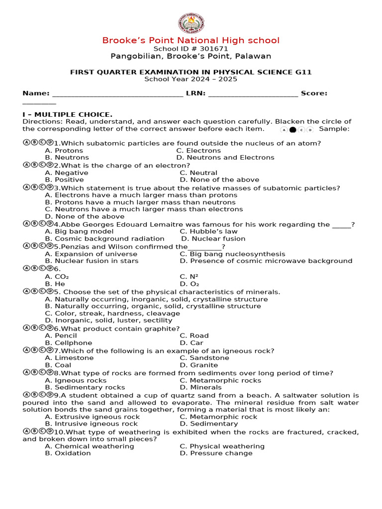 G11 Physical Science Exam Questions | PDF | Rock (Geology) | Igneous Rock