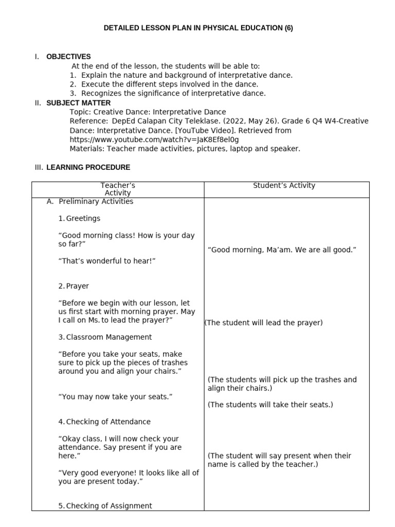 Grade 6 Interpretative Dance Lesson Plan | PDF | Dances | Lesson Plan