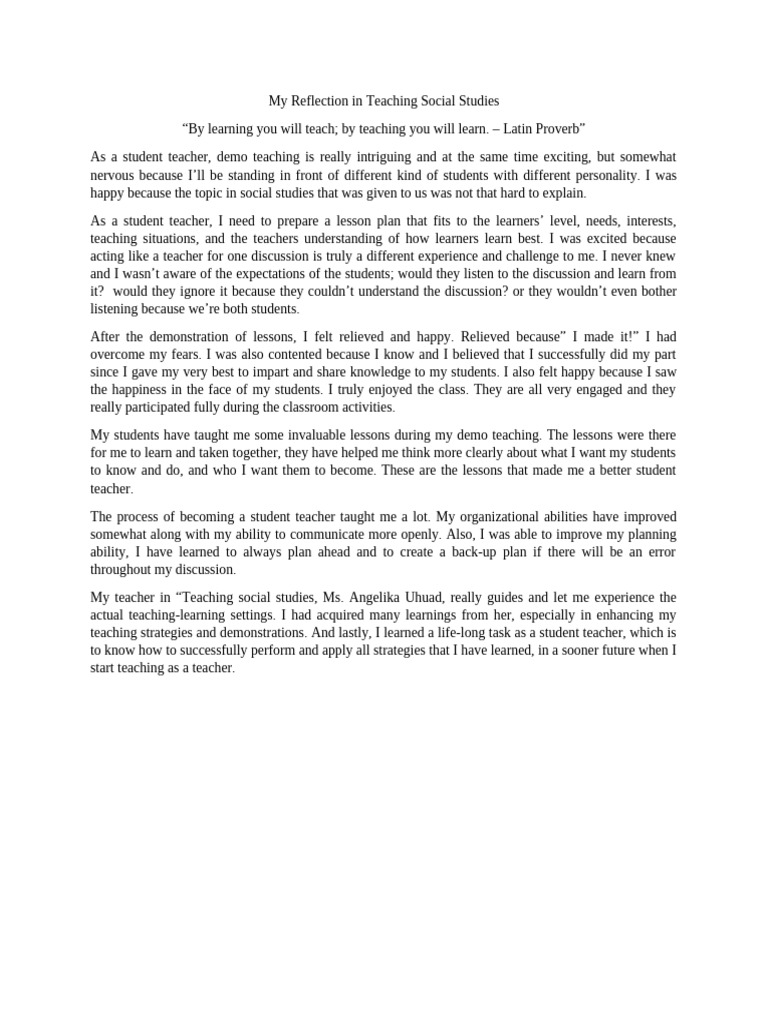 My Reflection in Teaching Social Studies | PDF | Teachers | Lesson Plan