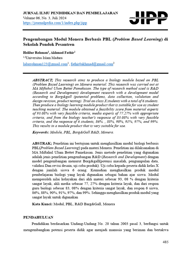 Pengembangan+Modul+Monera+Berbasis+PBL+(Problem+Based+Learning)+di++Sekolah+Pondok+Pesantren | PDF
