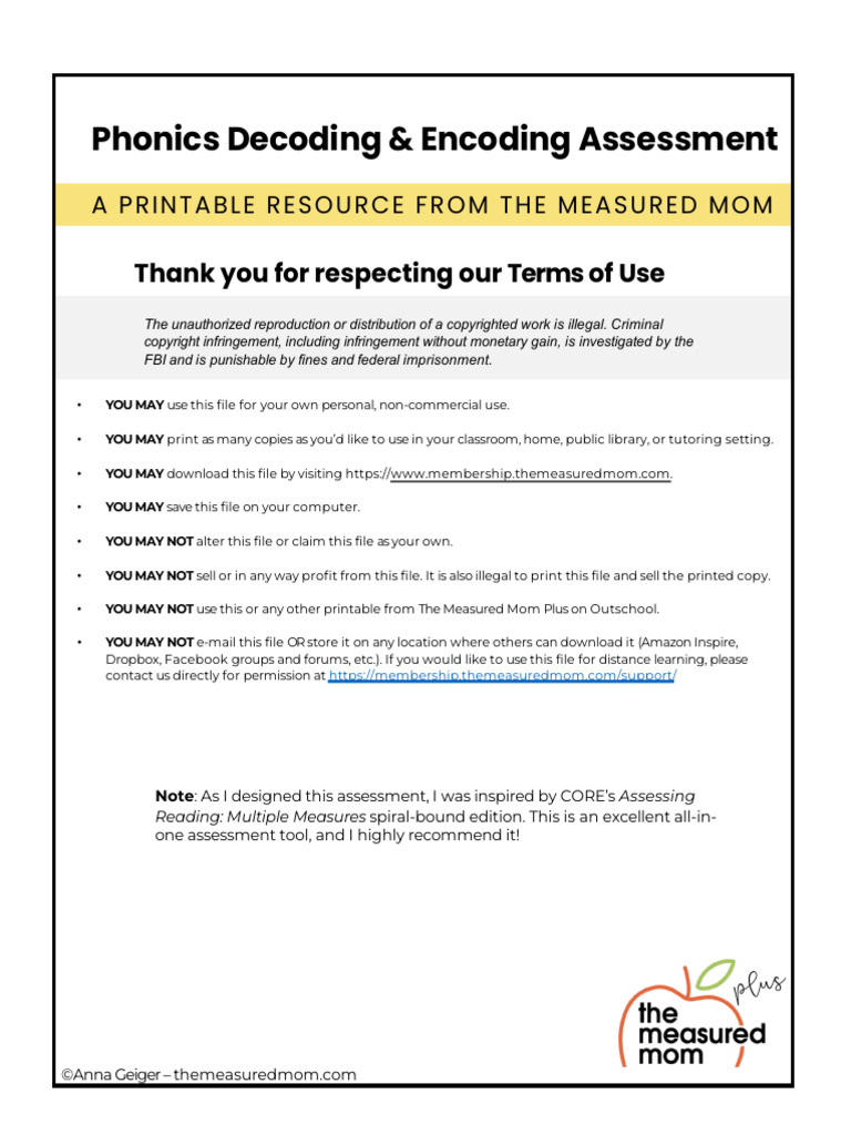 Phonics Assessment The Measured Mom | PDF | Phonics | Syllable