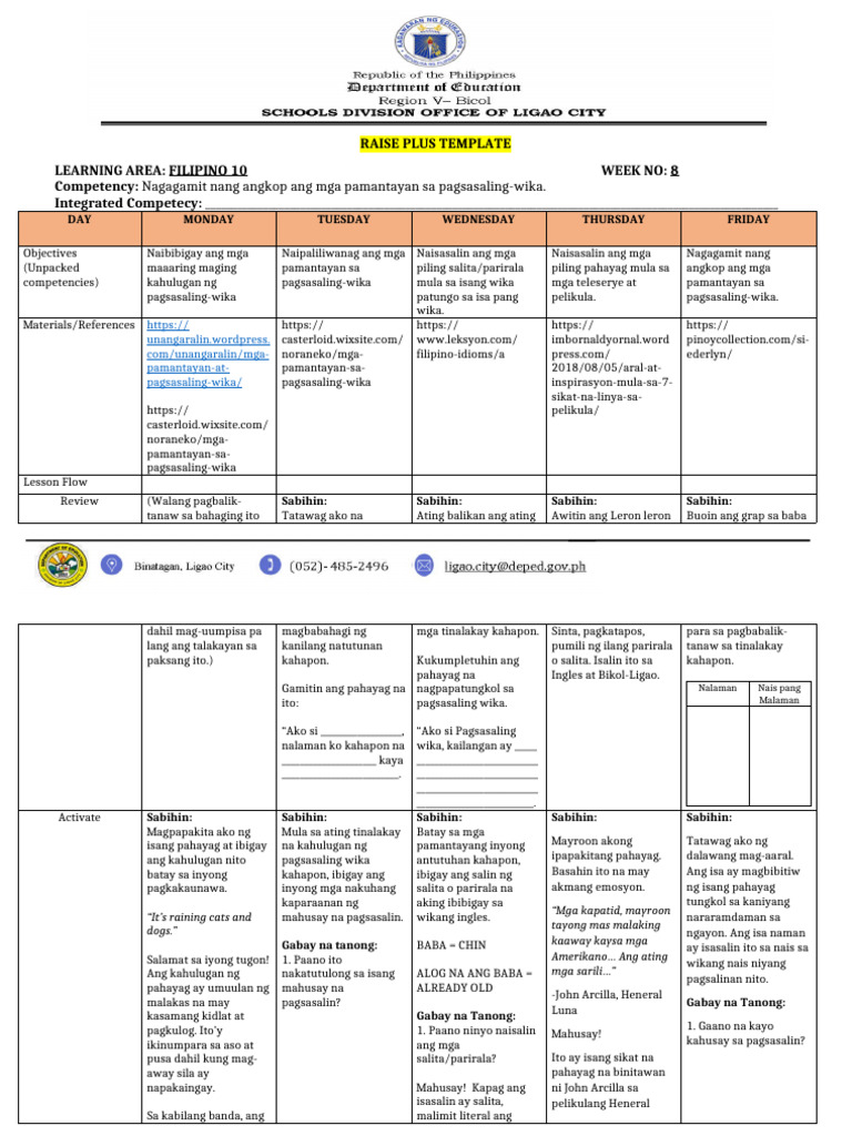 Raise Plus Filipino 10 Week 8 | PDF