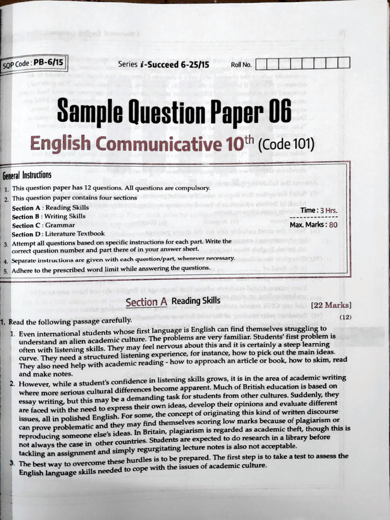CL 10 Eng Communicative SQP 6,7 11 Feb 2025 | PDF | Paper | Plagiarism