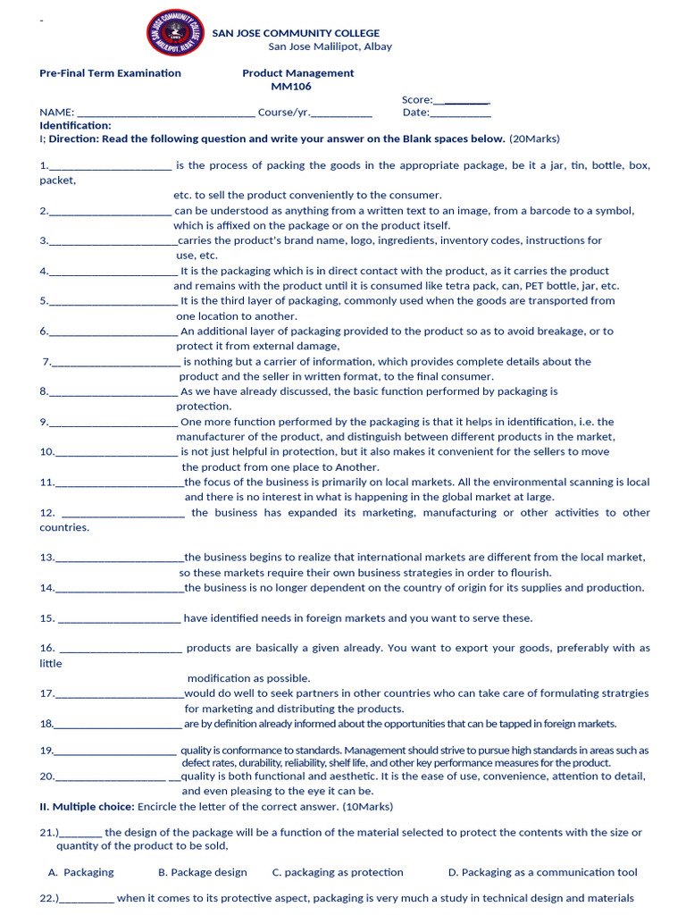 PRODUCT MANAGEMENT mm106 Prefinal Exam mm106 | PDF | Internet | Digital ...