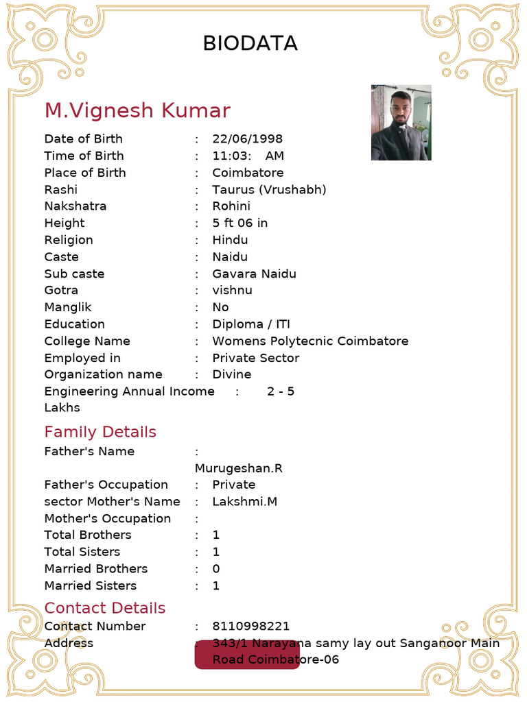 Vignesh Kumar Bio Data | PDF