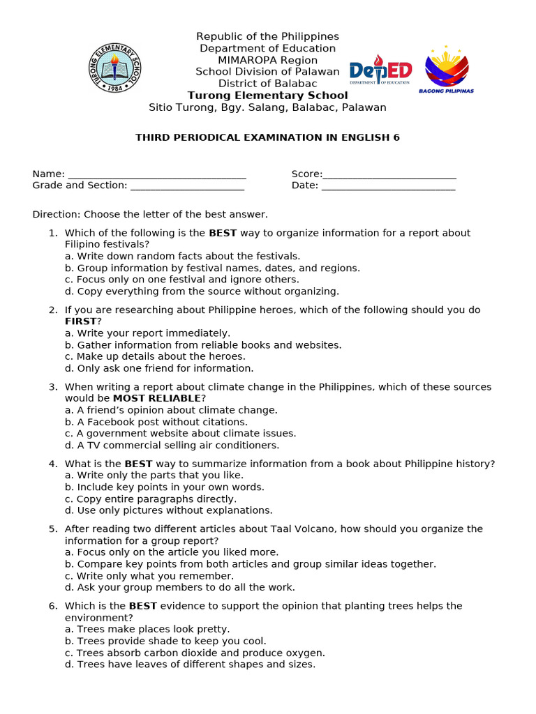G6 English - Q3 Periodical | PDF | Vegetables | Trees