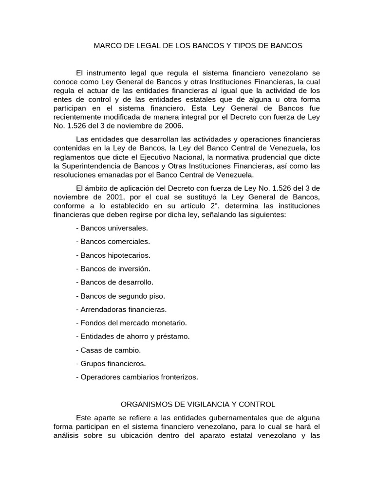 Marco Legal y Tipos de Bancos en Venezuela | PDF | Bancos | Bancos centrales