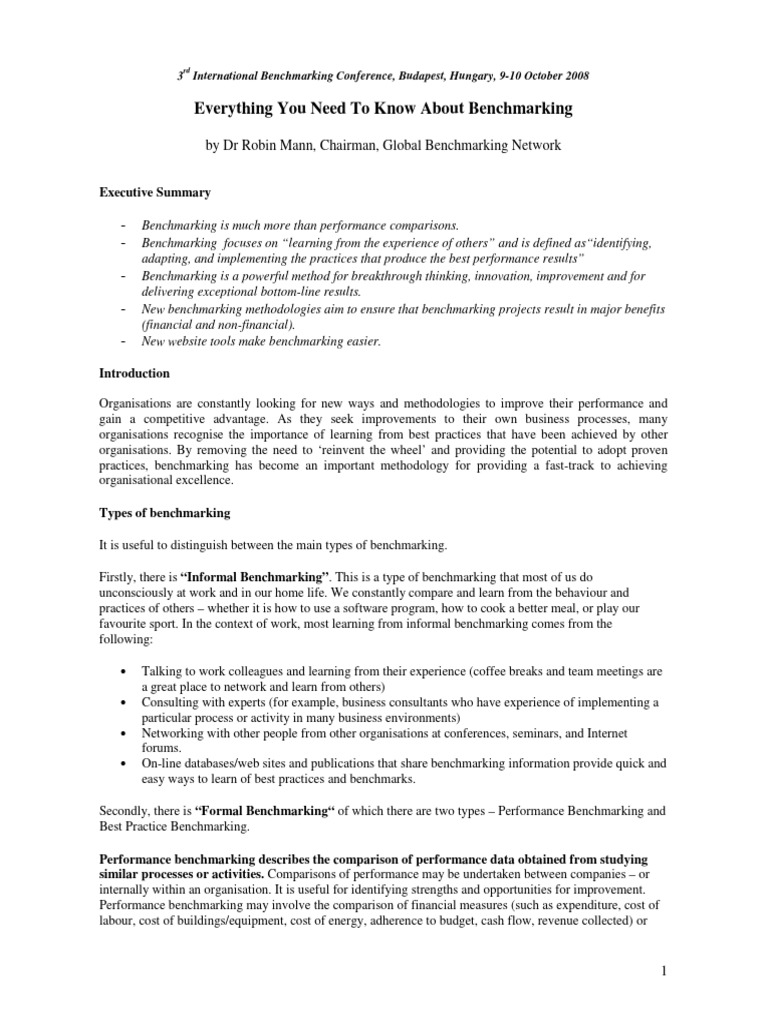 14. Everything You Need To Know About Benchmarking (Article) Author Dr Robin Mann | PDF ...