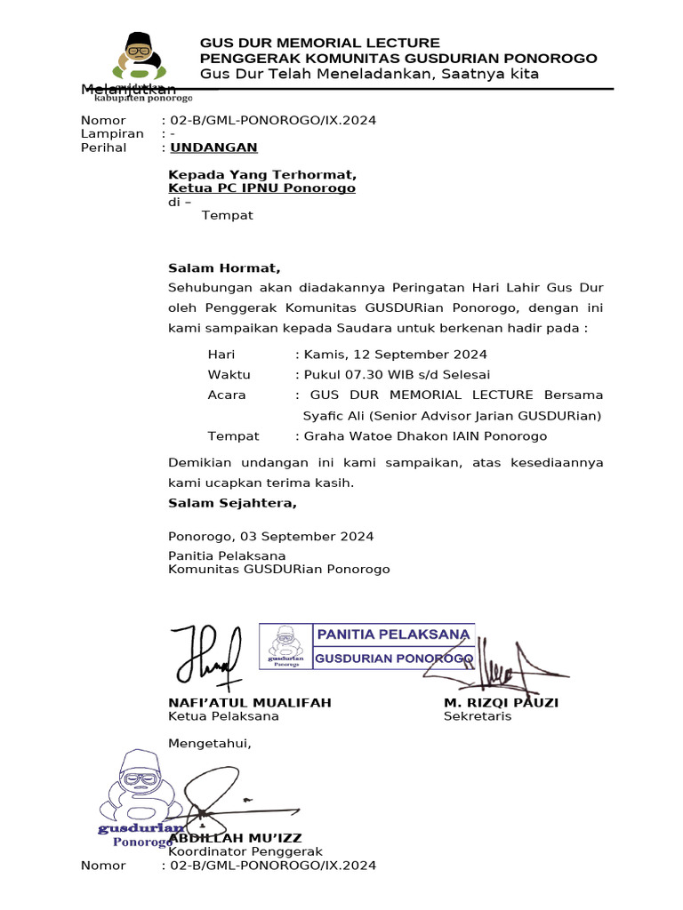 Surat Undangan GML GUSDURIAN 1 | PDF