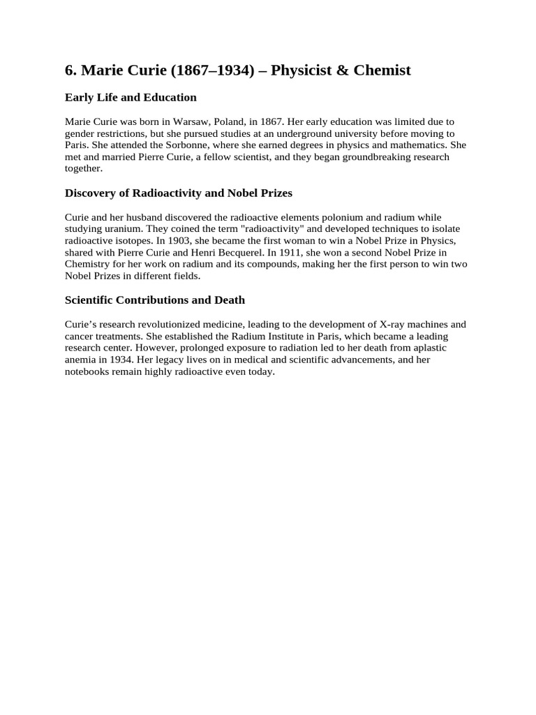 Marie Curie: Pioneer of Radioactivity | PDF