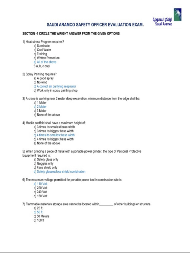 Saudi Aramco Safety Officer Evaluation Exam. | PDF