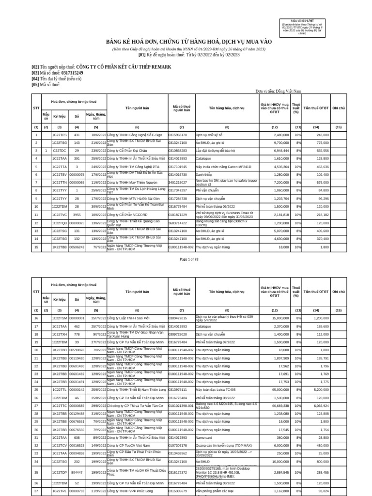 01-1.HT Bảng kê HHDV mua vào 2022, Q1, Q2-2023 (bé Hân) | PDF