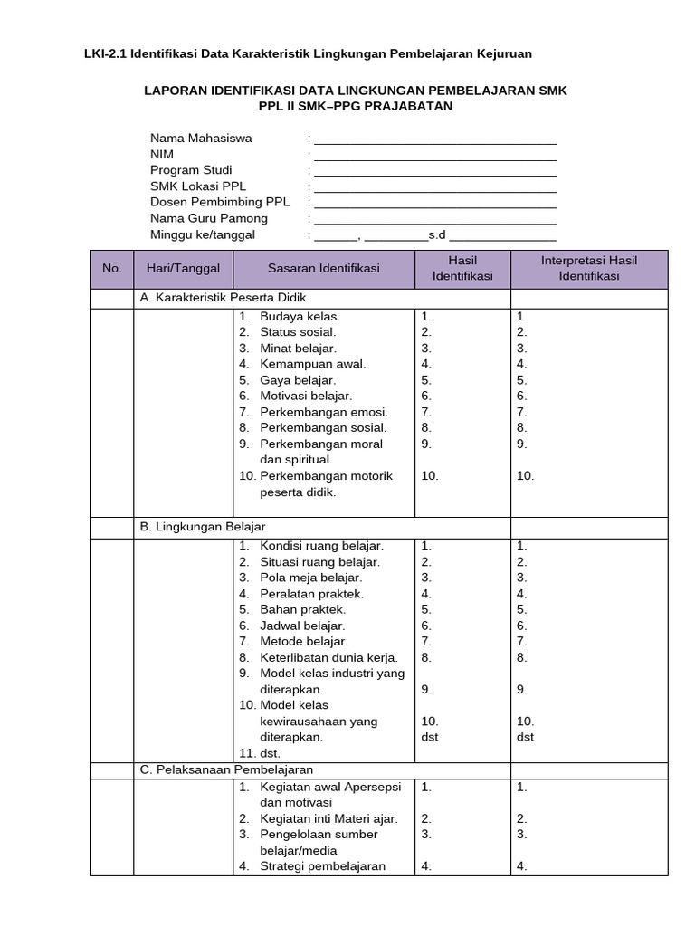 LKI-2.1 Identifikasi Data Karakteristik Lingkungan Pembelajaran ...