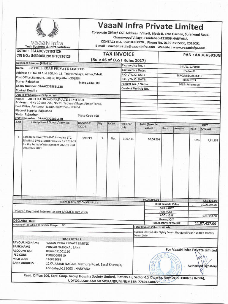 Invoice JRTR GST 21-22 1010 | PDF