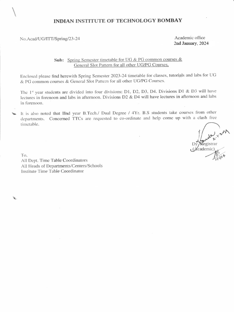 Spring Semester 2023-24 Timetable | PDF | Chemistry | Natural Sciences