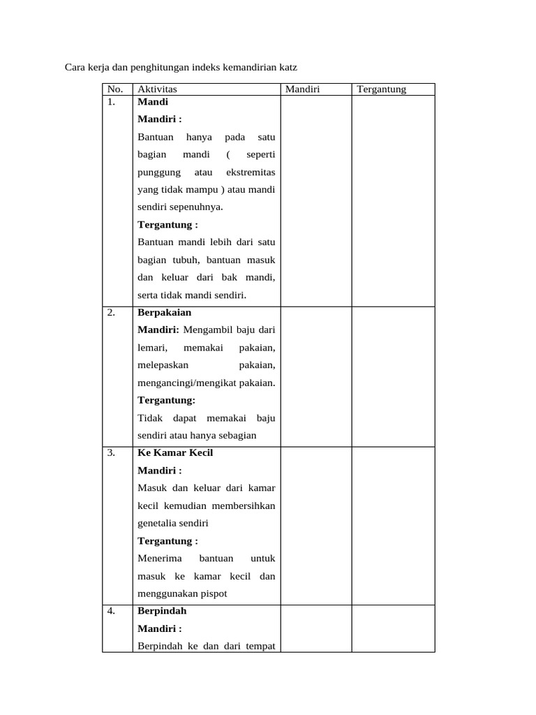 Cara Kerja Dan Penghitungan Indeks Kemandirian Katz | PDF