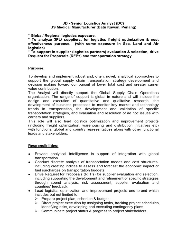 Senior Logistics Analyst Role | PDF | Logistics | Supply Chain