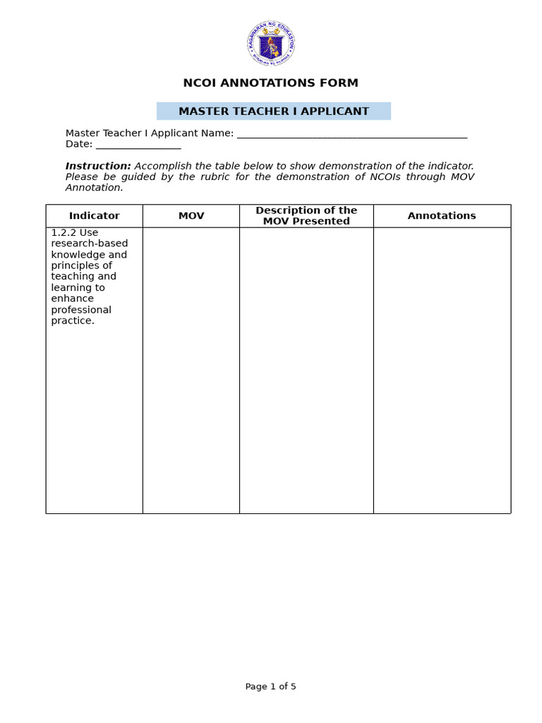 NCOI Annotations Form For Master Teacher I Applicant | PDF | Teachers | Learning