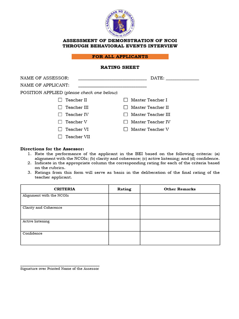 NCOI BEI Rating Sheet For All Applicants | PDF