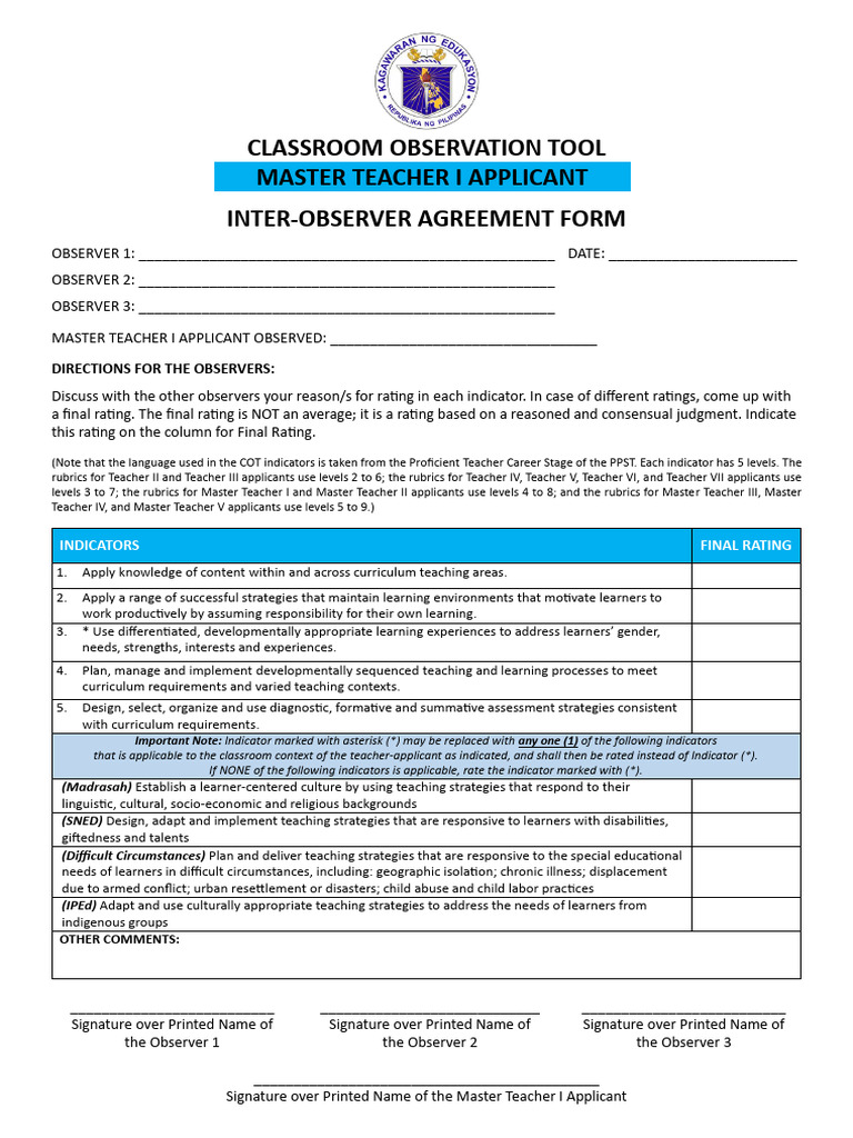 Inter-Observer Agreement for Master Teacher I | PDF | Teachers ...