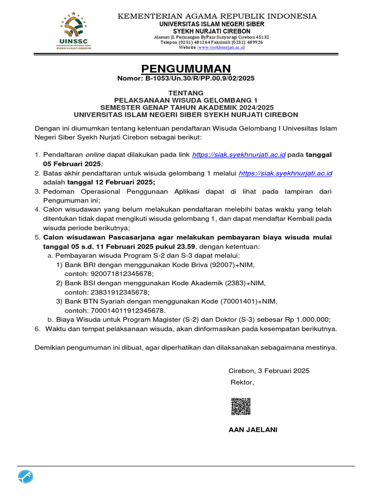 B 1053 - Pengumuman Pendaftaran Wisuda Gel 1 UIN SSC 2025 Beserta ...