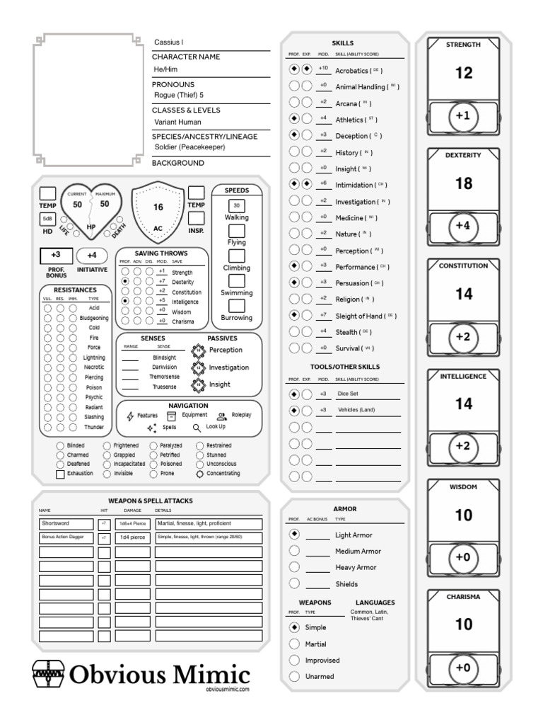 Obvious Mimic CharSheet (Rogue Knight) | PDF