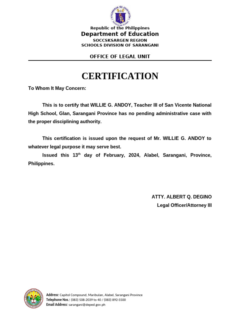 Cert. of No Pending Case | PDF
