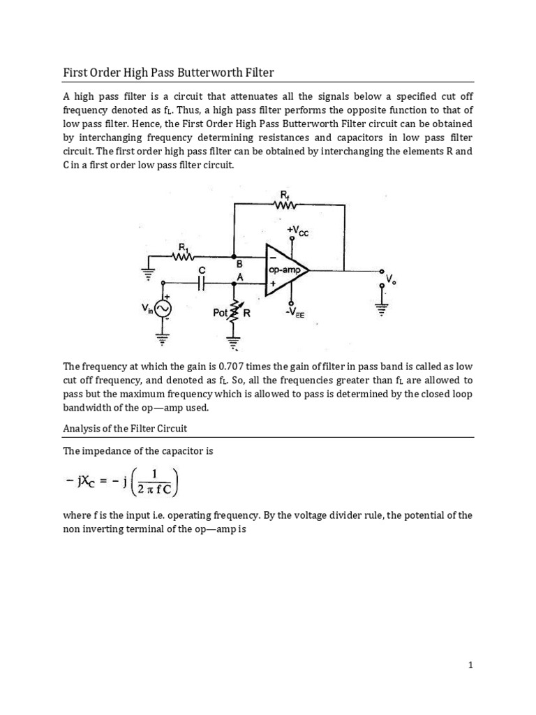 First Order High Pass Butterworth Filter | PDF