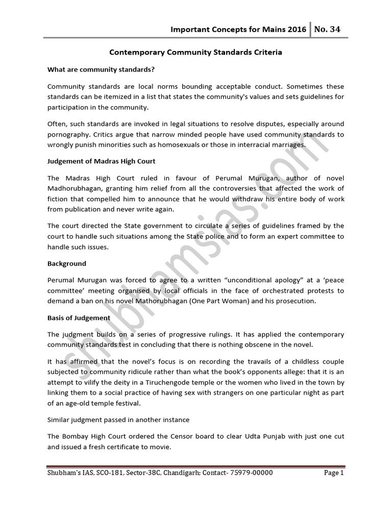 Mains 2016 Concept No. 34 Contemporary Community Standards Criteria ...