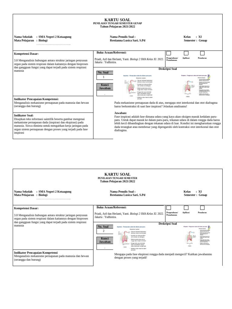 Kartu Soal PTS Genap Biologi Kelas XI MIA New | PDF