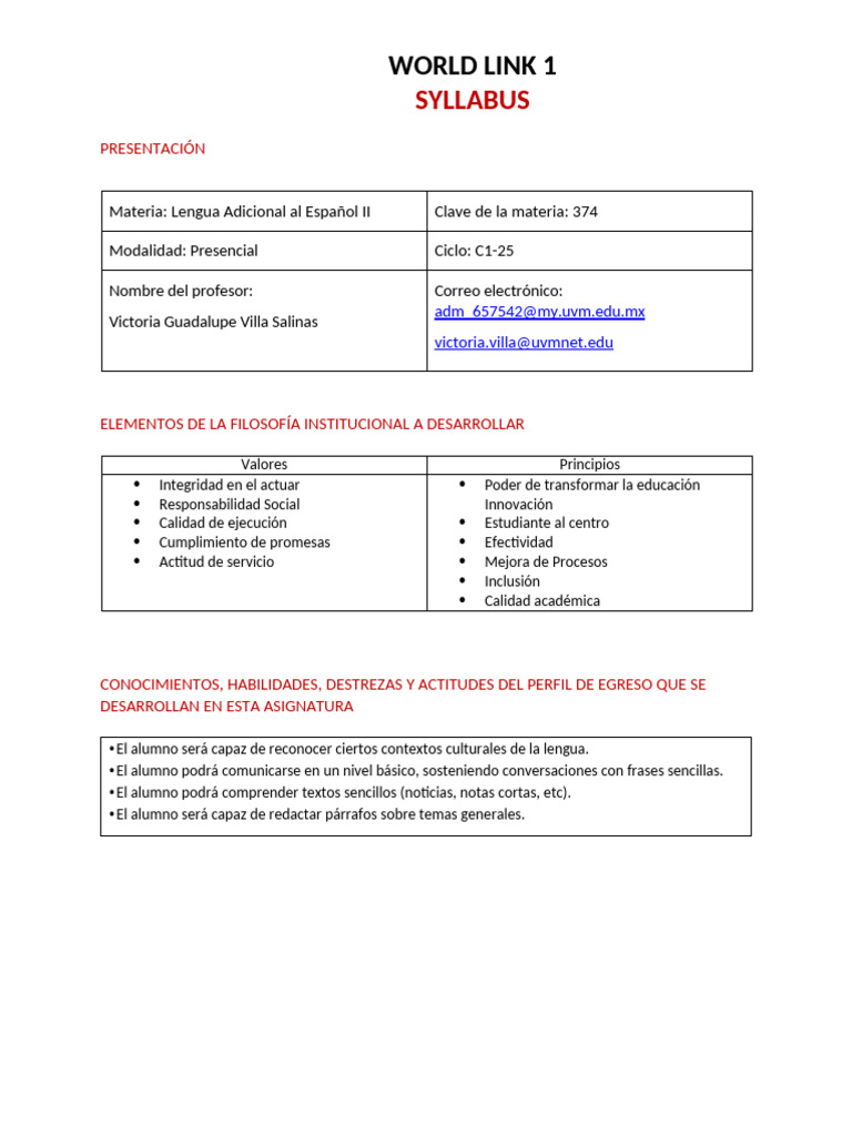 SYLLABUS - World Link 1 | PDF | Pruebas | Aprendizaje