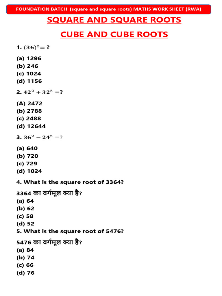 Square and Square Roots Cube and Cube Roots | PDF