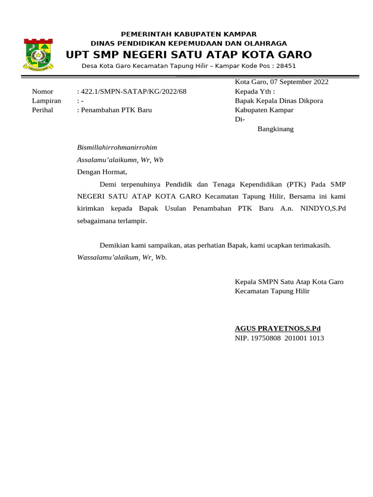 ContohSurat Pengantar Dan Permohonan Usulan Penambahan PTK Baru | PDF