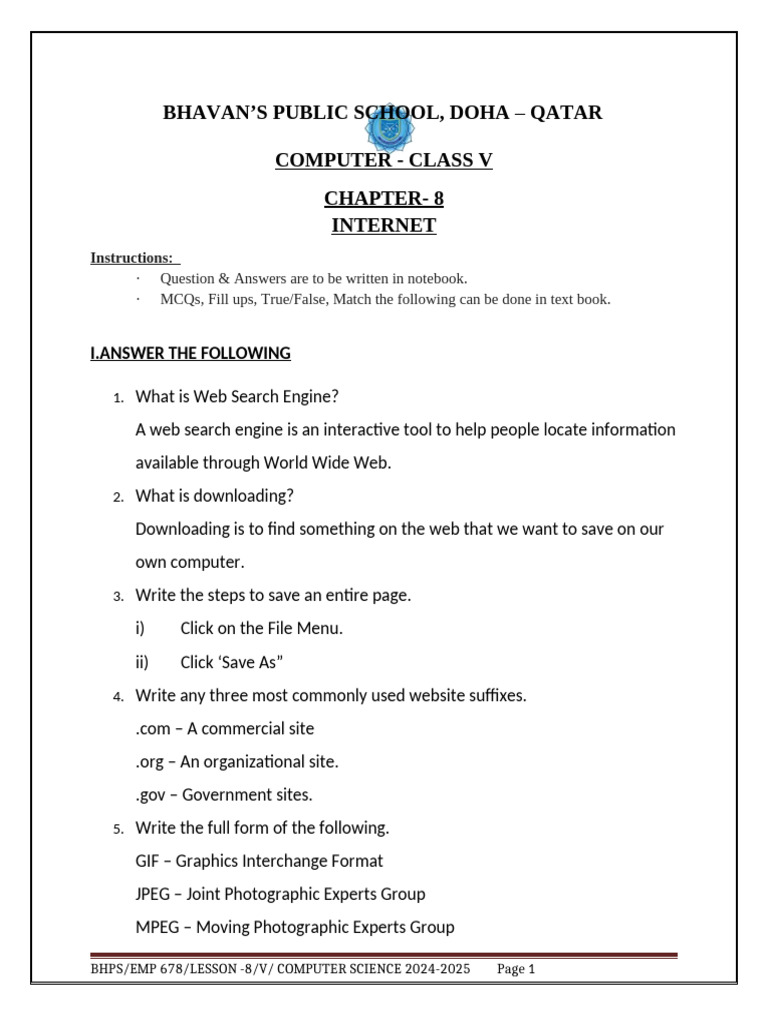 Class V Computer Lesson on Internet | PDF